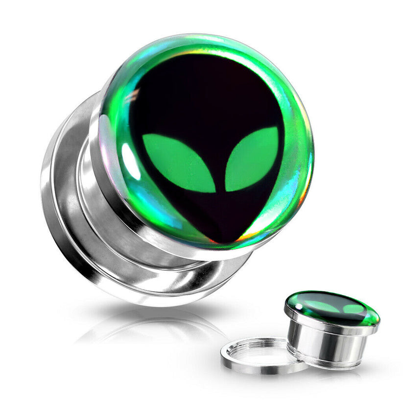 PAIR Alien Hologram Screw Fit Tunnels Ear Plugs Gauges Earlets Body Je ...