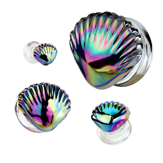 PAIR Black Pearl Seashell Glass Double Flare Plugs Sea Shell Tunnels G ...